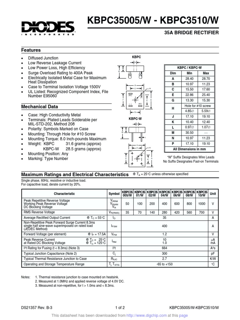 KBPC35005/W - KBPC3510/W: 35A Bridge Rectifier | PDF | Rectifier ...