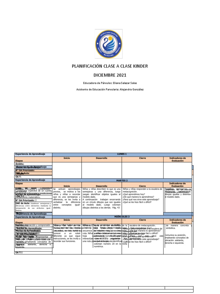 Planificación Clases Kinder Diciembre 2021 | PDF | Aprendizaje ...