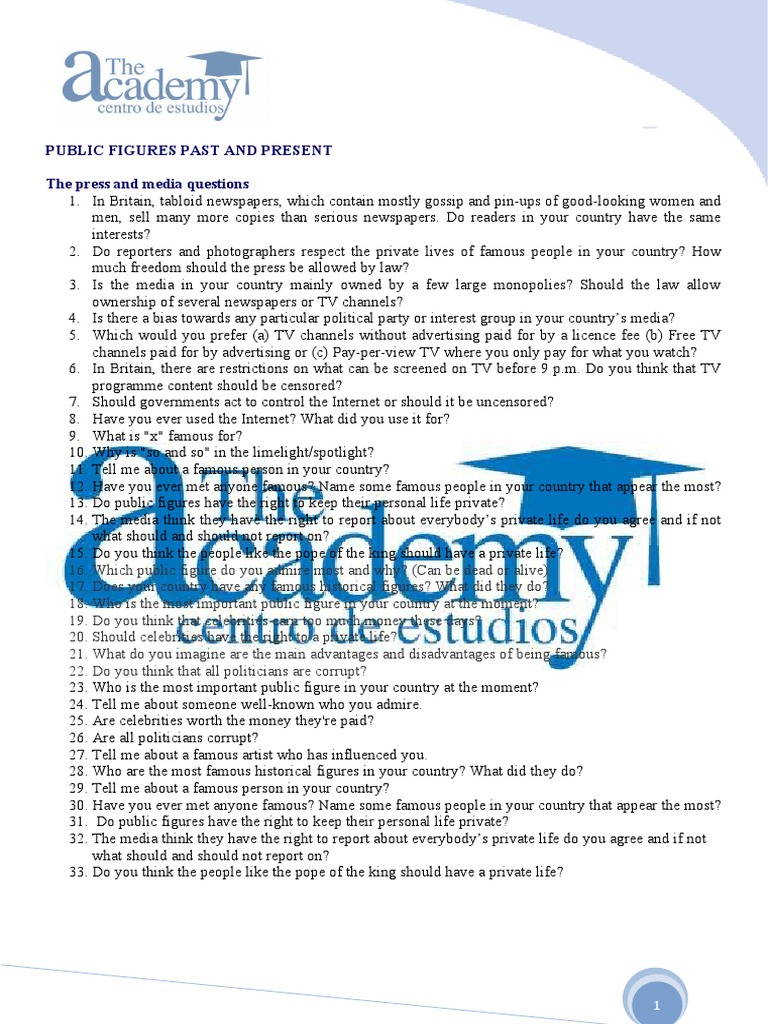 Public Figures Past and Present The Press and Media Questions | PDF ...