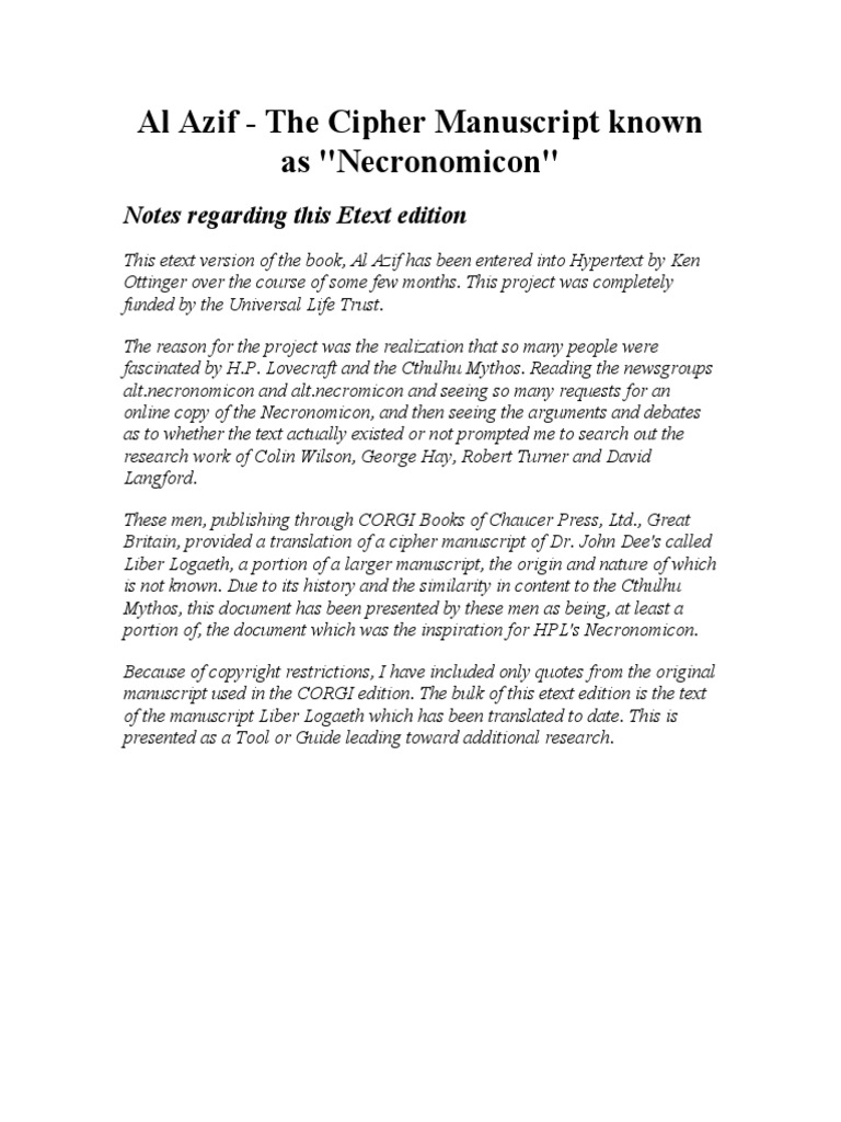 Al Azif - The Cipher Manuscript Known As "Necronomicon": Notes ...