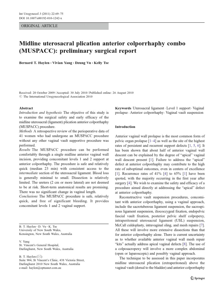 Midline Uterosacral Plication Anterior Colporrhaphy Combo (MUSPACC ...