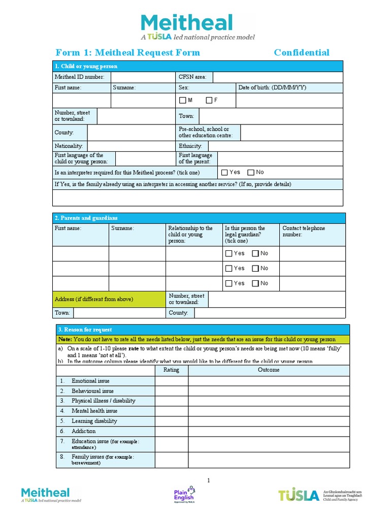 Form 1: Meitheal Request Form Confidential: 1. Child or Young Person ...