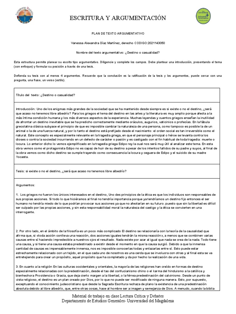 Plan de Texto Argumentativo | PDF | Destino