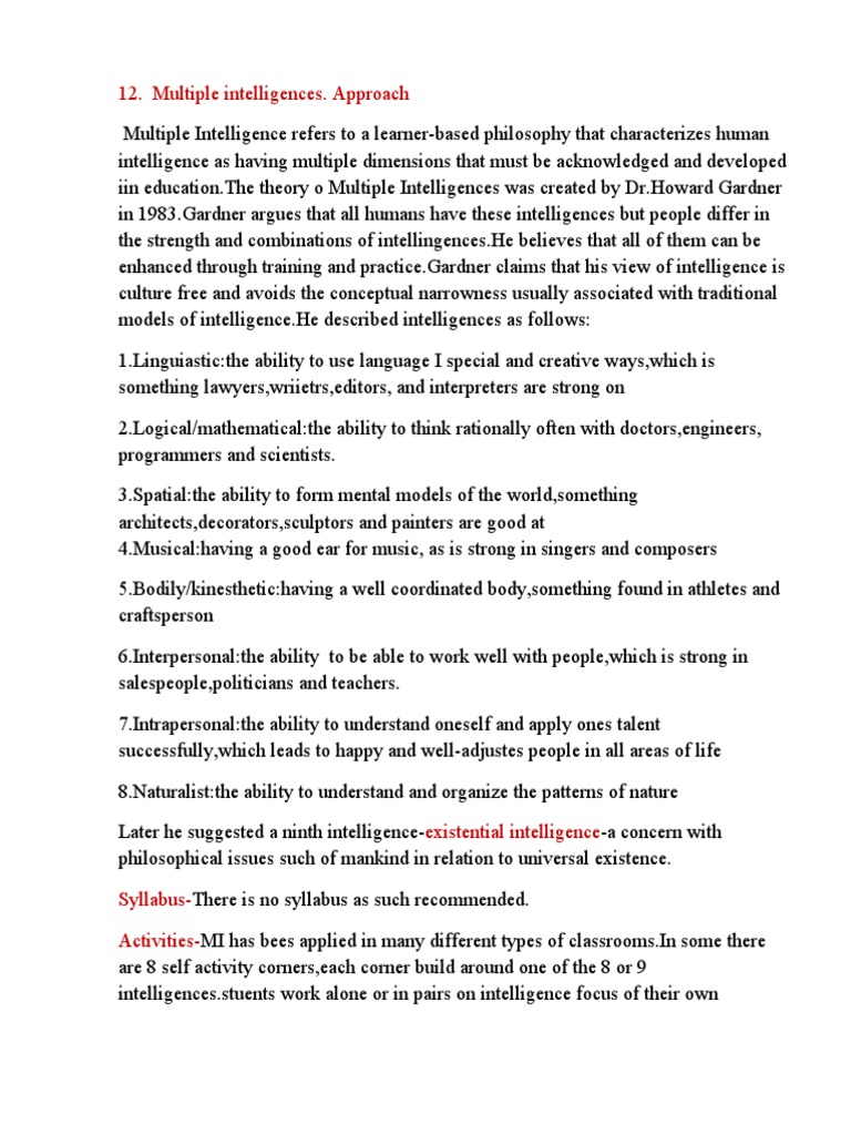 Multiple Intelligences. Approach | PDF | Intelligence | Mental Processes