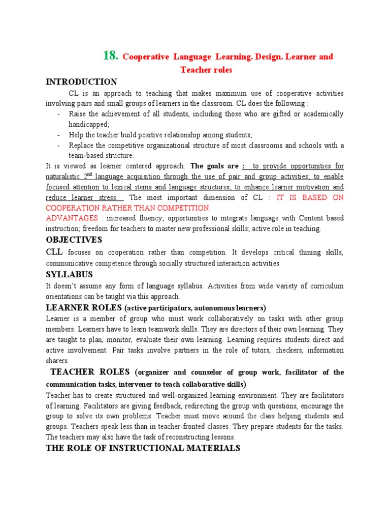 Cooperative Language Learning. Design. Learner and Teacher Roles | PDF | Teachers | Learning