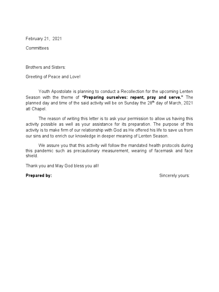 Lenten Season Recollection Letter For Proposal | PDF