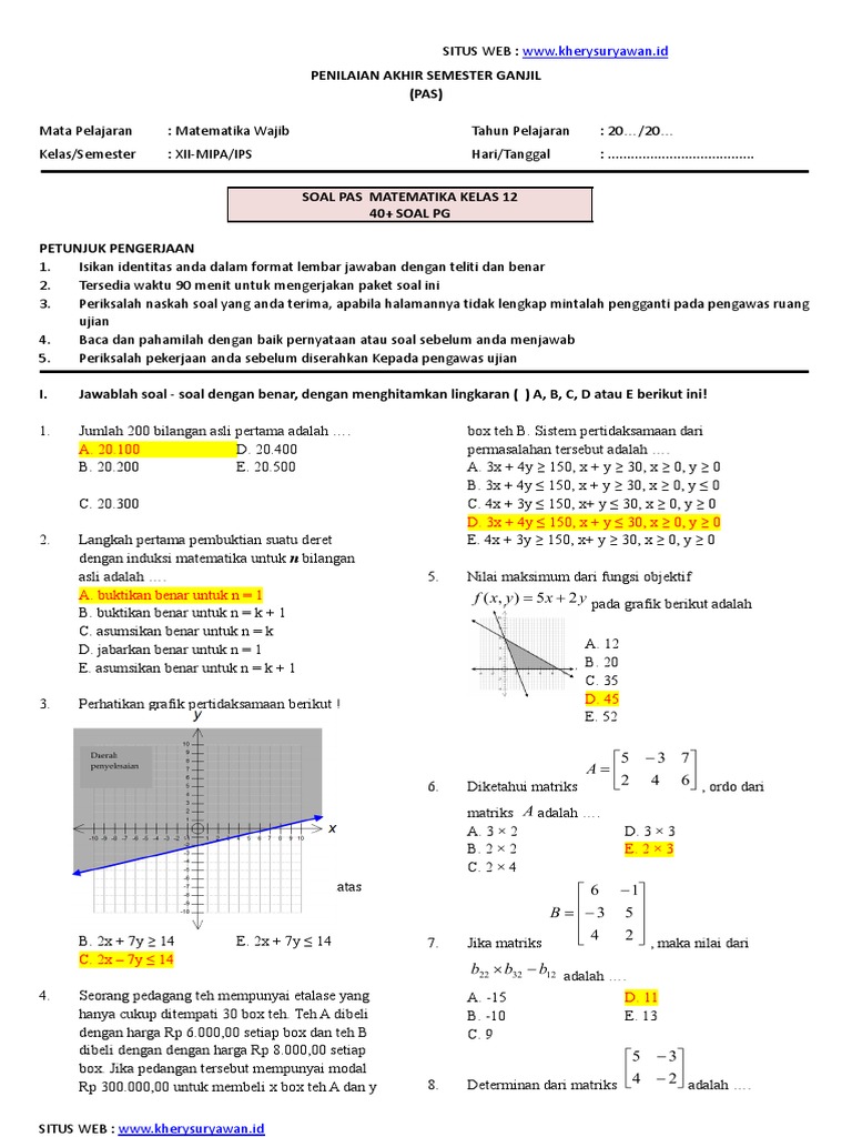 Soal PAS Matematika Wajib Kls 12 - WWW - Kherysuryawan.id | PDF