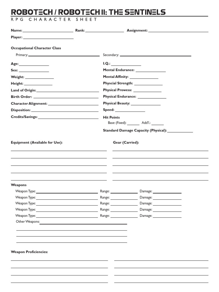 Robotech Character Sheets | PDF | Military Technology
