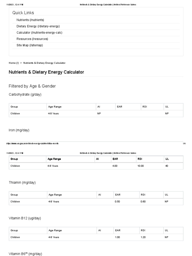 Nutrients & Dietary Energy Calculator - Nutrient Reference Values | PDF ...