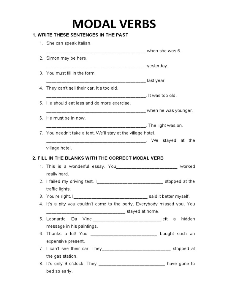 Modal Verbs: 1. Write These Sentences in The Past | PDF | Linguistics ...