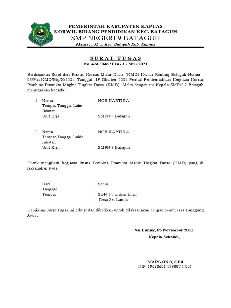 Contoh Surat Tugas Guru Pramuka | PDF