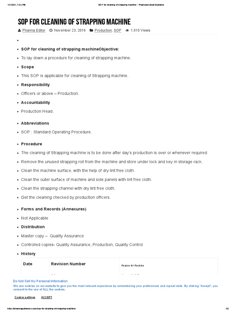 SOP For Cleaning of Strapping Machine - Pharmaceutical Guidance | PDF ...
