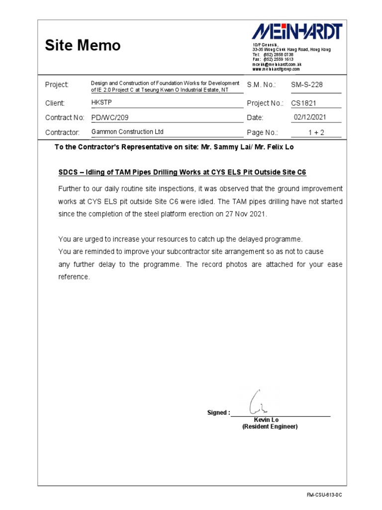 Site Memo 228 SDCS - Idling of TAM Pipes Drilling Works at CYS ELS Pit ...