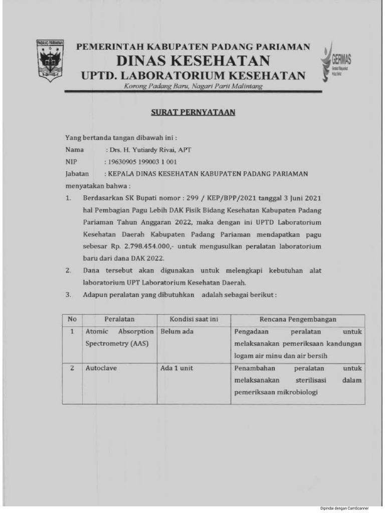Surat Pernyataan Kadis Labkesda Kab Padang Pariaman Ta 2022 - 000121 | PDF