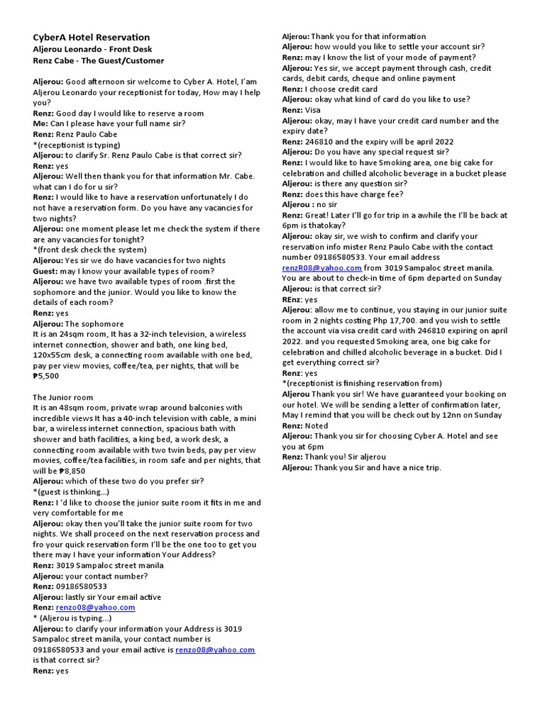 Cyber A Hotel Room Reservation Process | PDF | Payments | Credit Card
