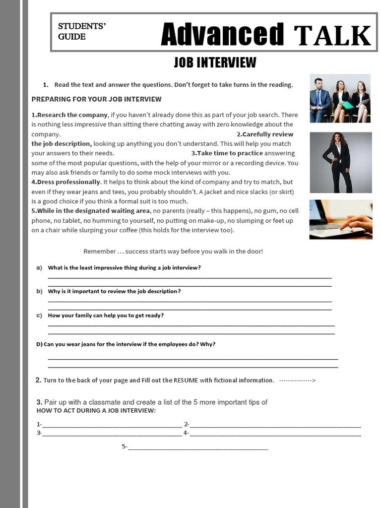Advanced Talk - Job Interview Students | PDF | Job Interview | Interview