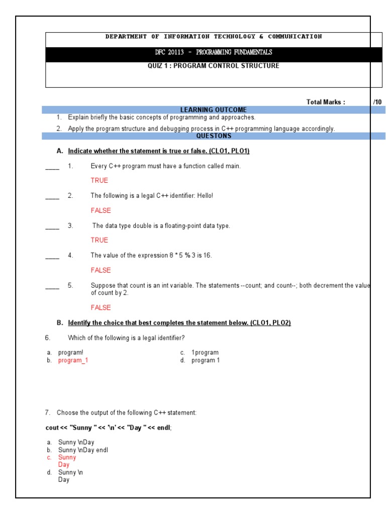 Department of Information Technology & Communication: DFC 20113 - Programming Fundamentals | PDF ...