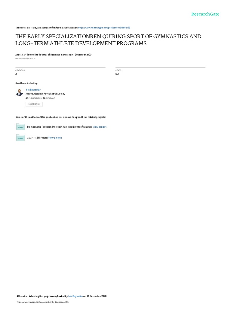 The Early Specializationren Quiring Sport of Gymnastics and Long-Term ...