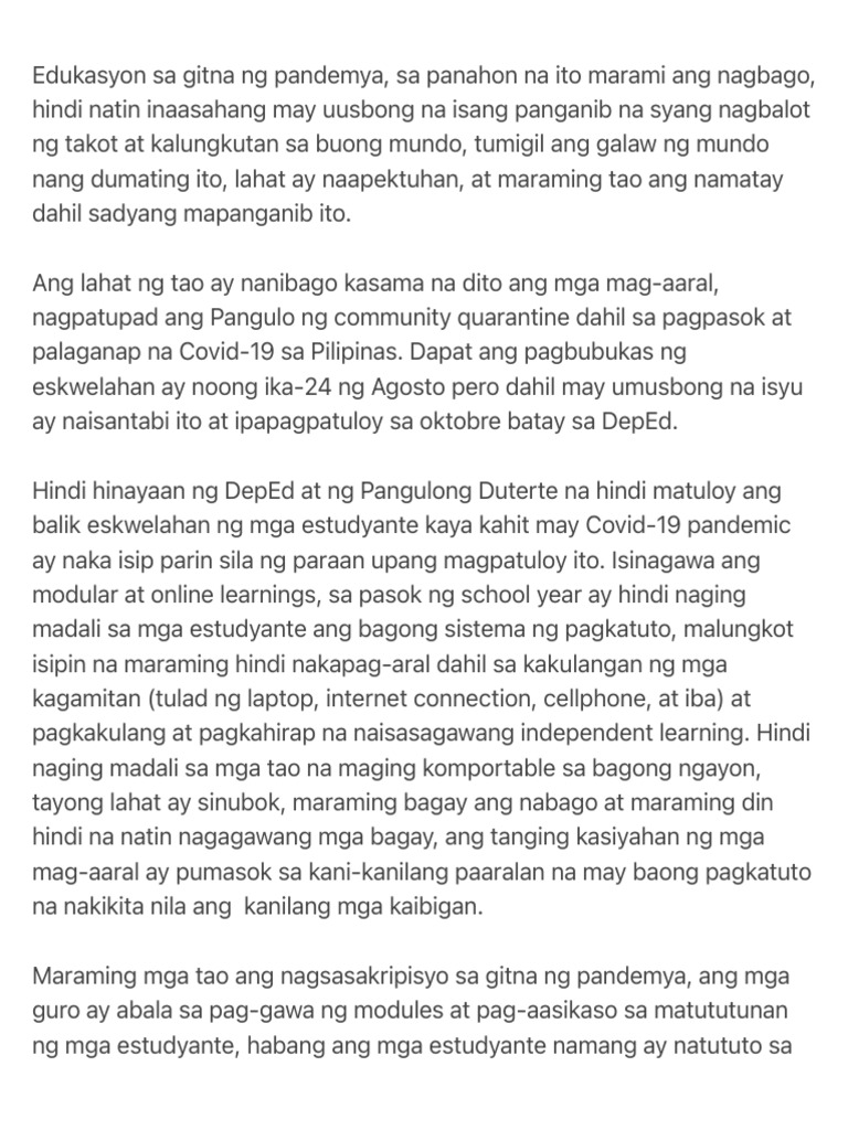 Edukasyon Sa Gitna NG Pandemya, Sa Panahon Na Ito Marami Ang Nagbago | PDF