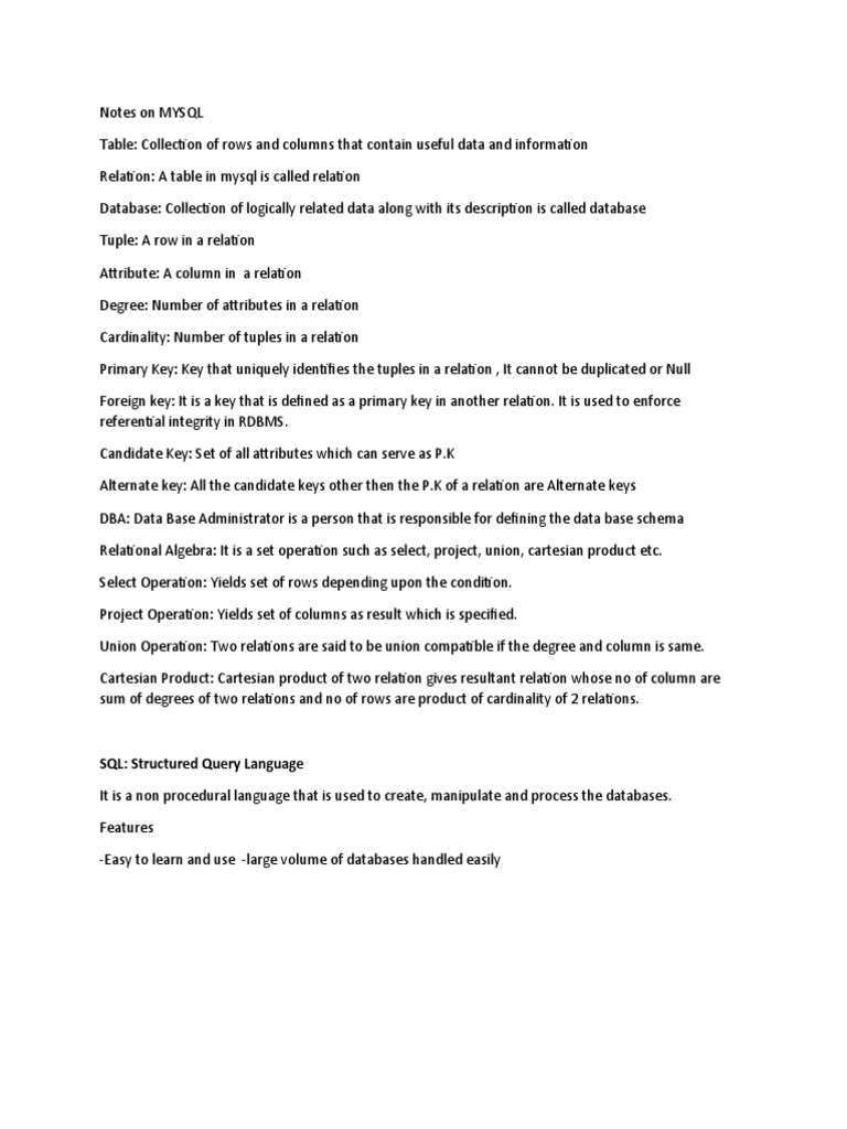 Notes On MYSQL | PDF | Relational Database | Databases Notes On MYSQL | PDF | Relational Database | Databases
