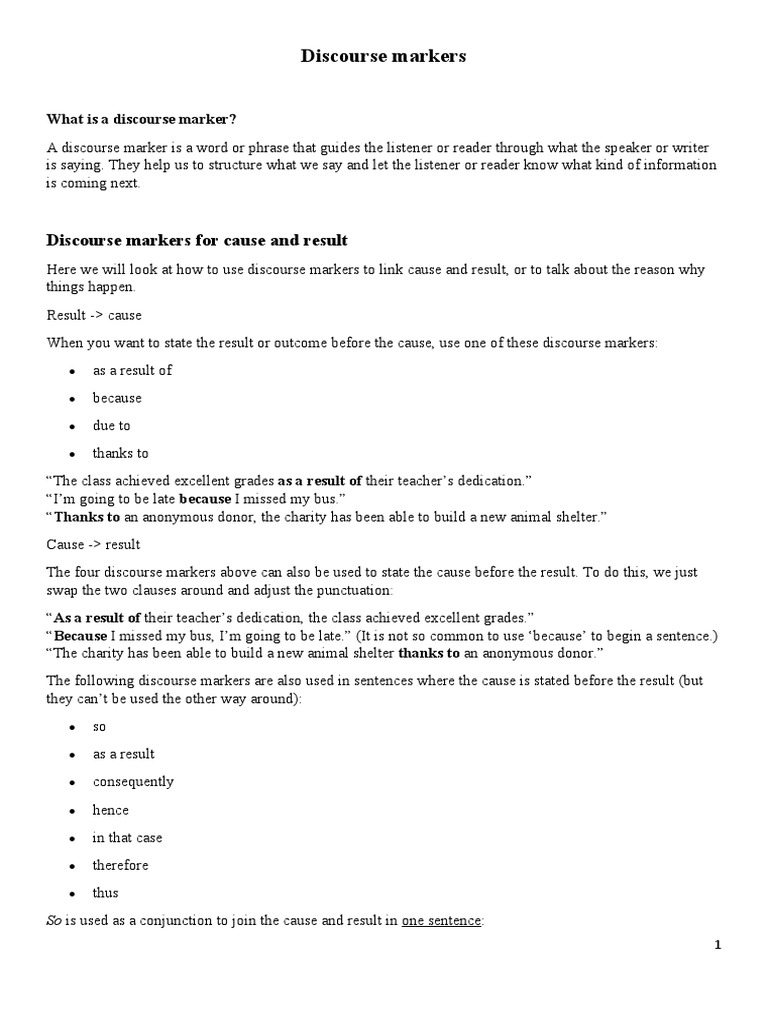 Discourse Markers For Addition, Cause and Effect | PDF | Sentence ...