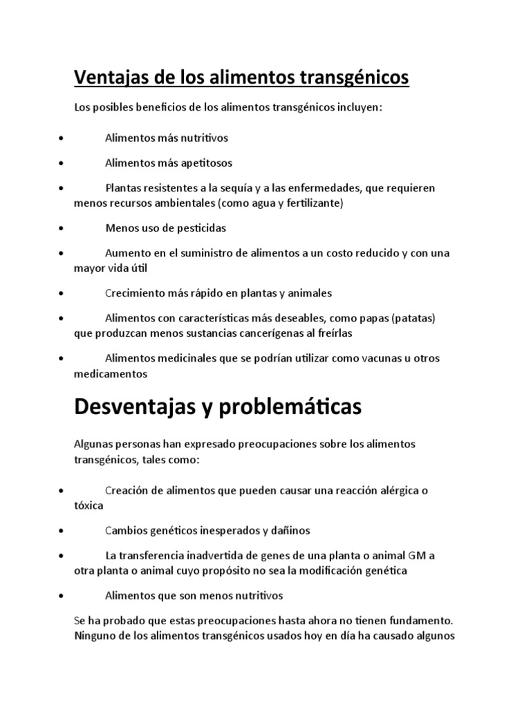 Ventajas de Los Alimentos Transgénicos | PDF | Organismo genéticamente ...