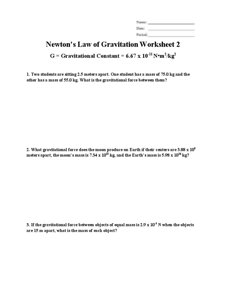 Newtons Law of Gravitation Worksheet Number 2 DEBUNK | PDF