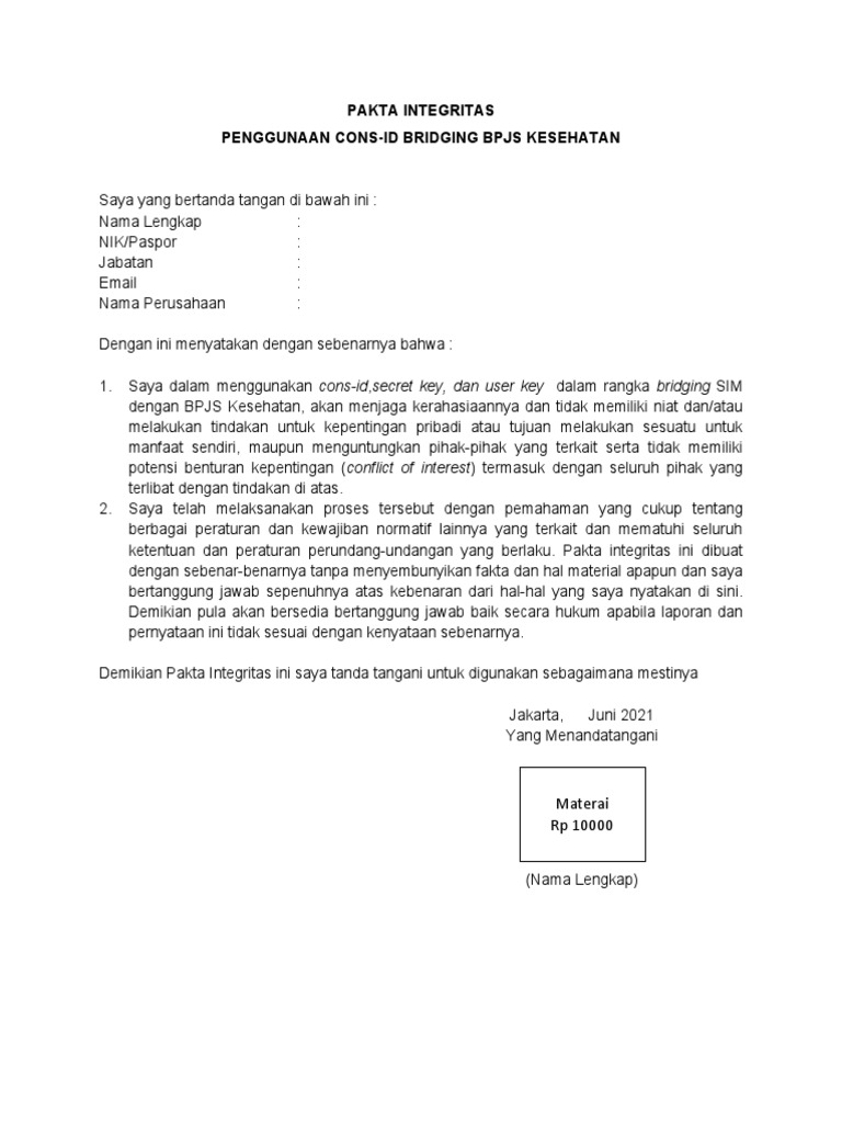 Pakta Integritas Penggunaan Cons-Id Bridging Bpjs Kesehatan: Materai RP ...