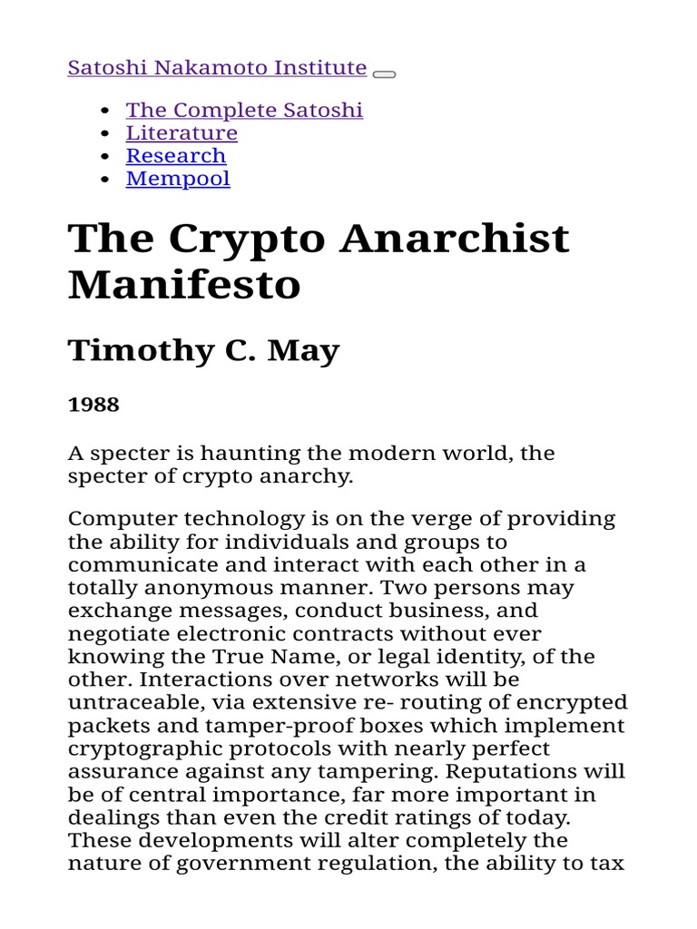 The Crypto Anarchist Manifesto - Satoshi Nakamoto Institute | PDF ...