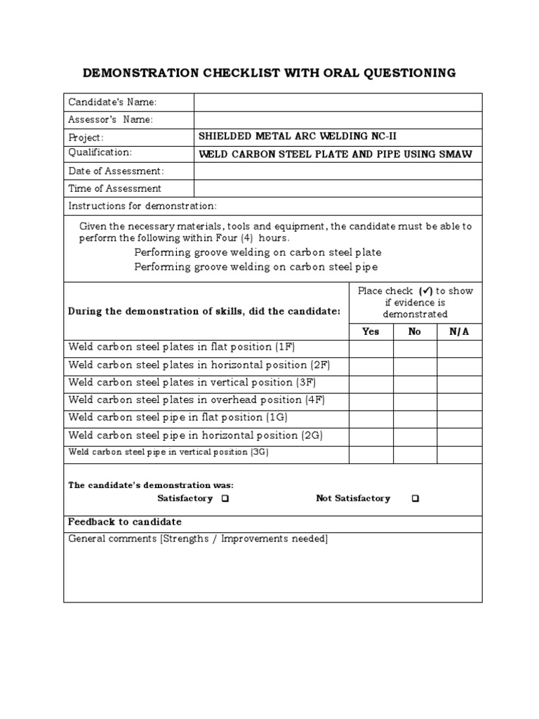 Demonstration Checklist With Oral Questioning | PDF | Construction ...