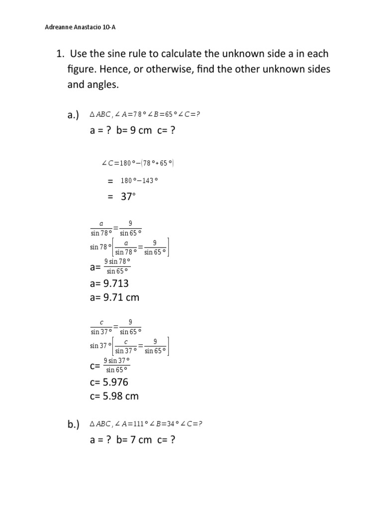 Use The Sine Rule To Calculate The Unknown Side A in Each Figure. Hence ...