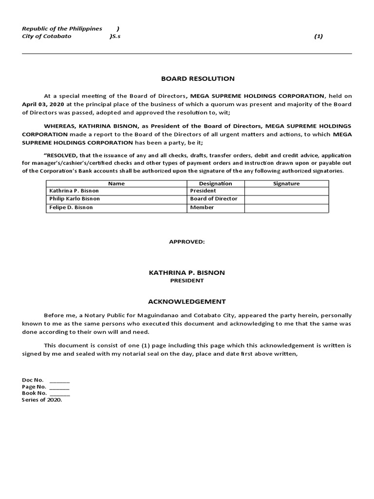 Board Resolution - Bank Signatories | PDF | Finance & Money Management ...