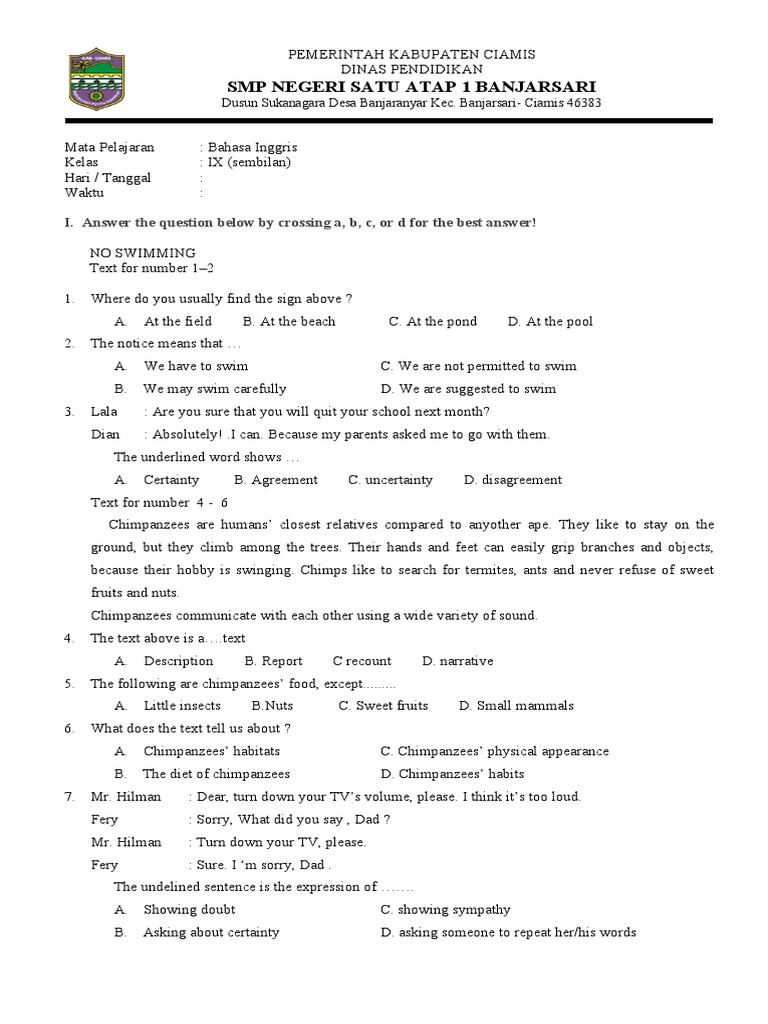 Soal US Bahasa Inggris Kelas IX 2021 | PDF | Chimpanzee | Earthquakes