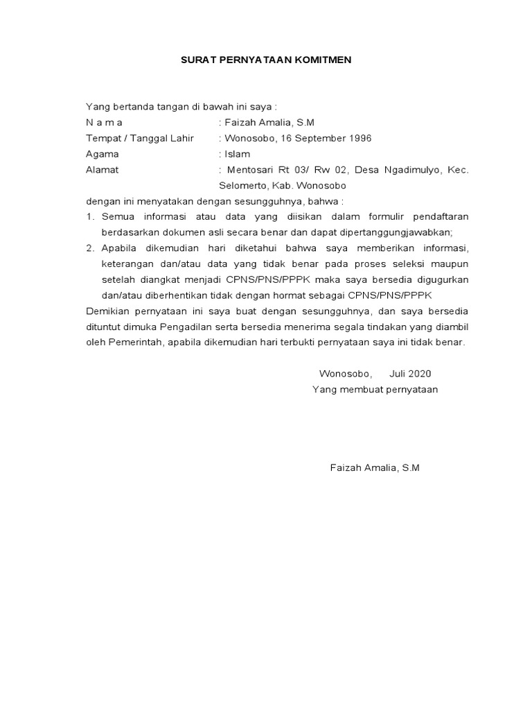 Contoh Surat Pernyataan Komitmen | PDF