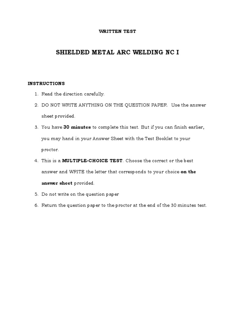 Sample Written Test & Answer Key | PDF | Construction | Welding