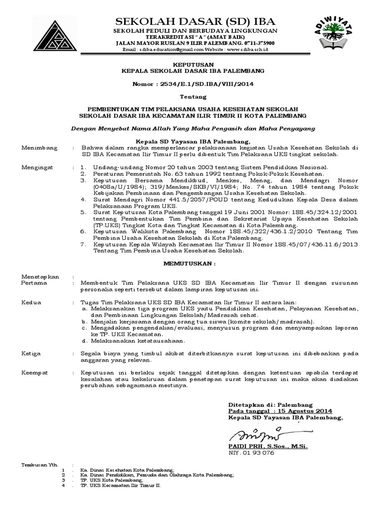 Contoh SK Tim Pelaksana Uks SD Iba | PDF