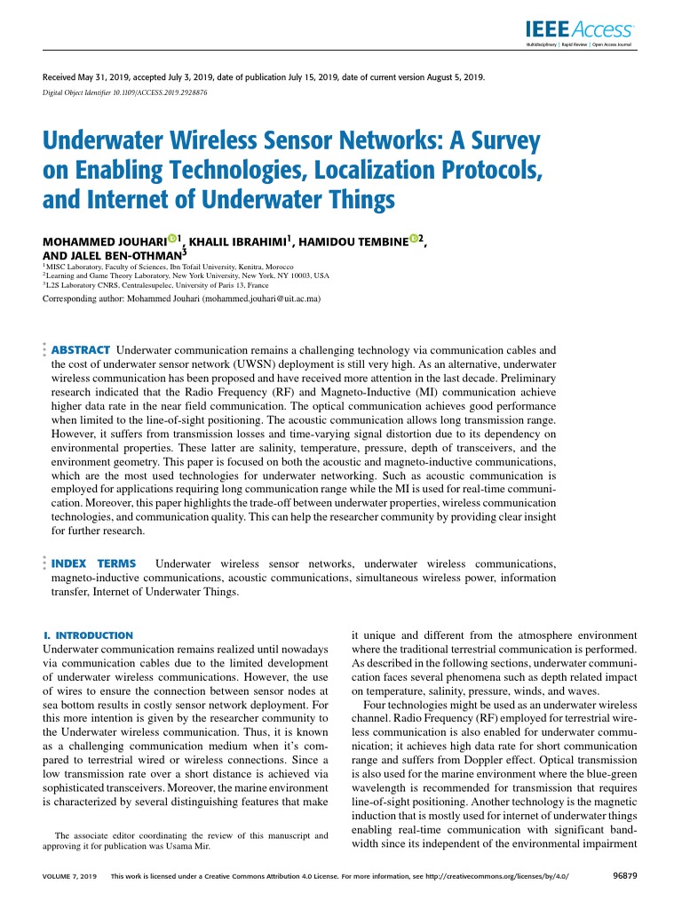 Underwater Wireless Sensor Networks A Survey On Enabling Technologies Localization Protocols and ...