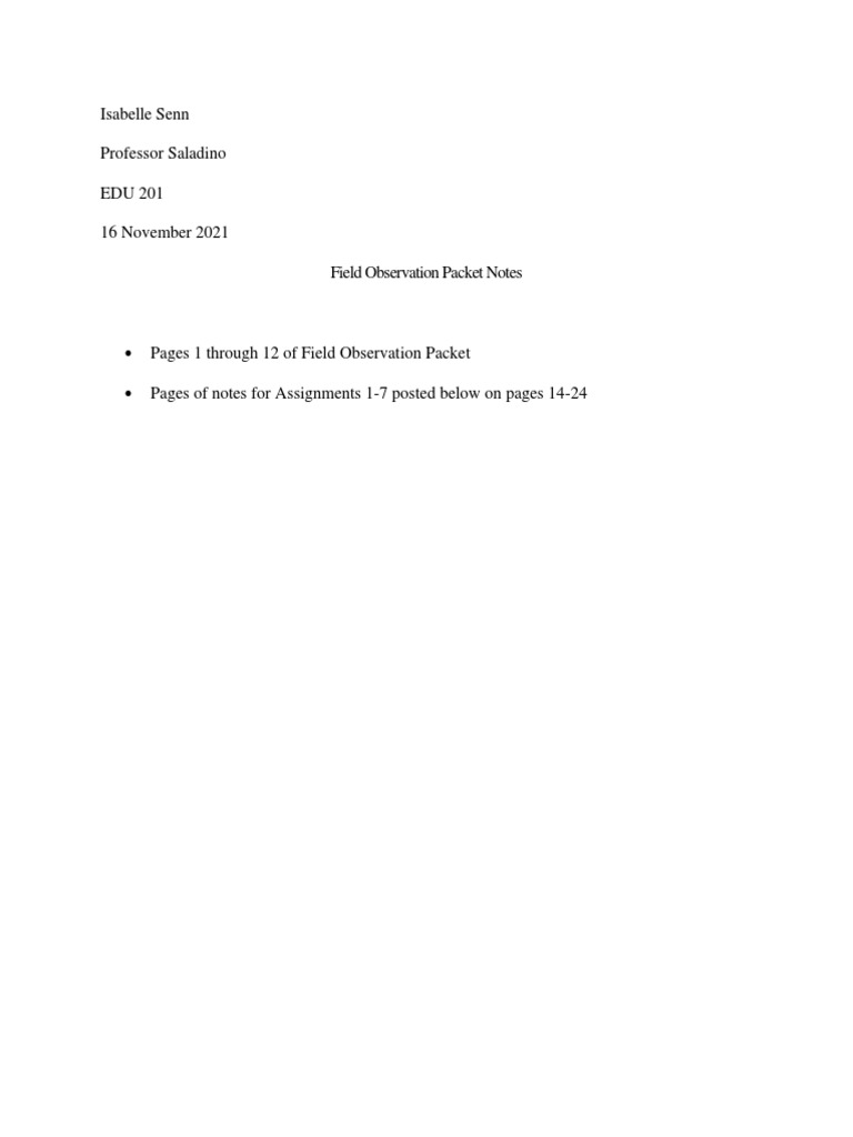 Field Observation Activites Packet - Isabelle Senn 1 | PDF | Teachers ...