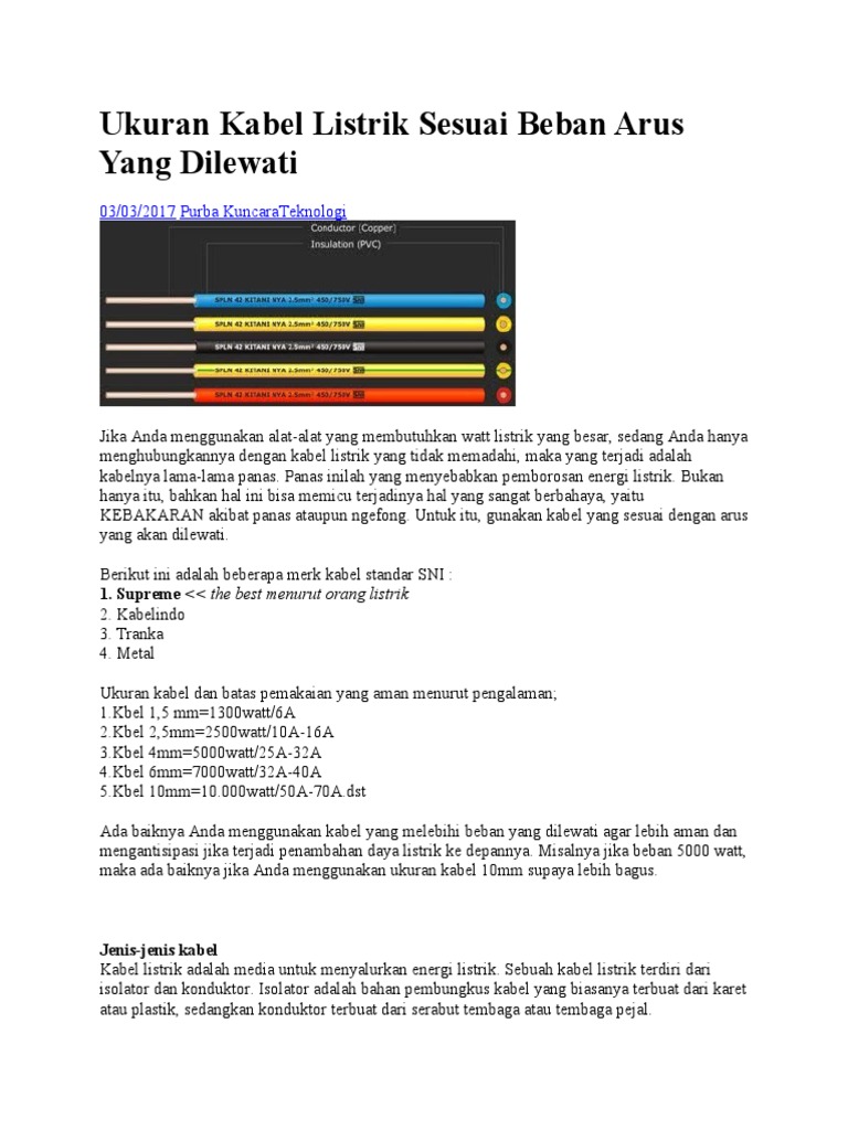 Ukuran Kabel Listrik Sesuai Beban Arus Yang Dilewati | PDF