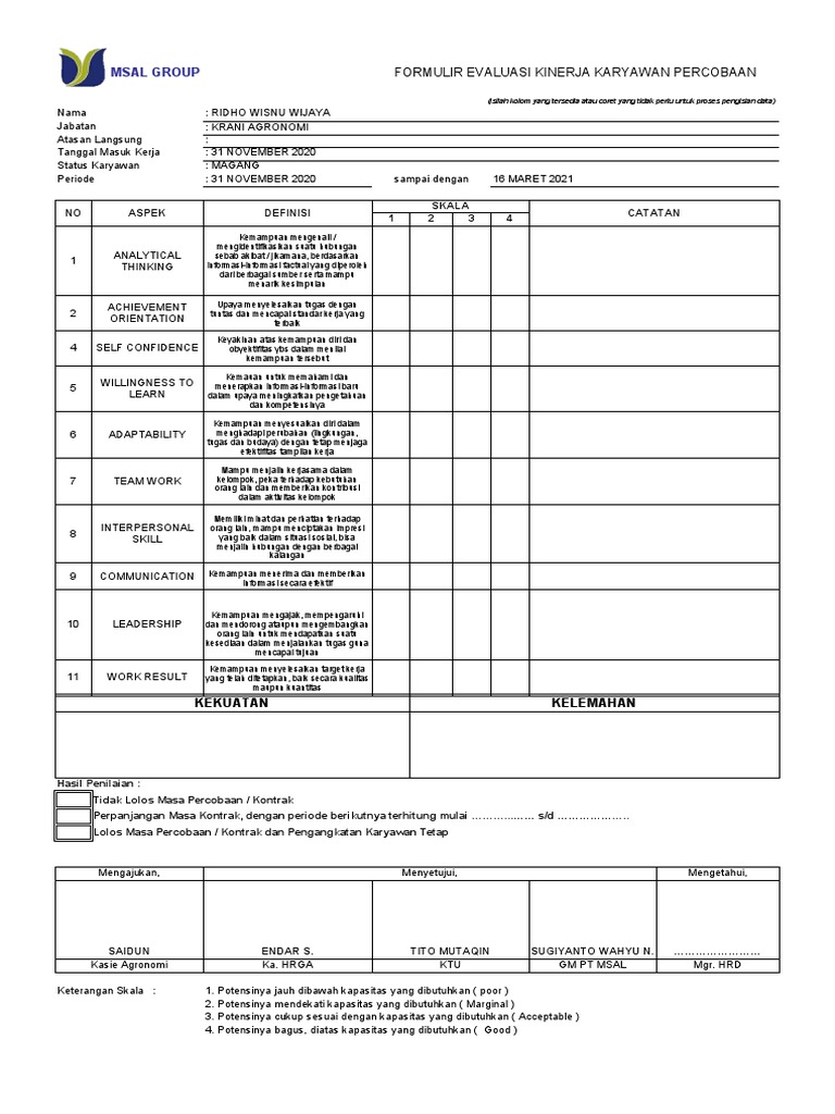 FORM Evaluasi Karyawan Kontrak Dan Percobaan Msalg | PDF FORM Evaluasi Karyawan Kontrak Dan Percobaan Msalg | PDF
