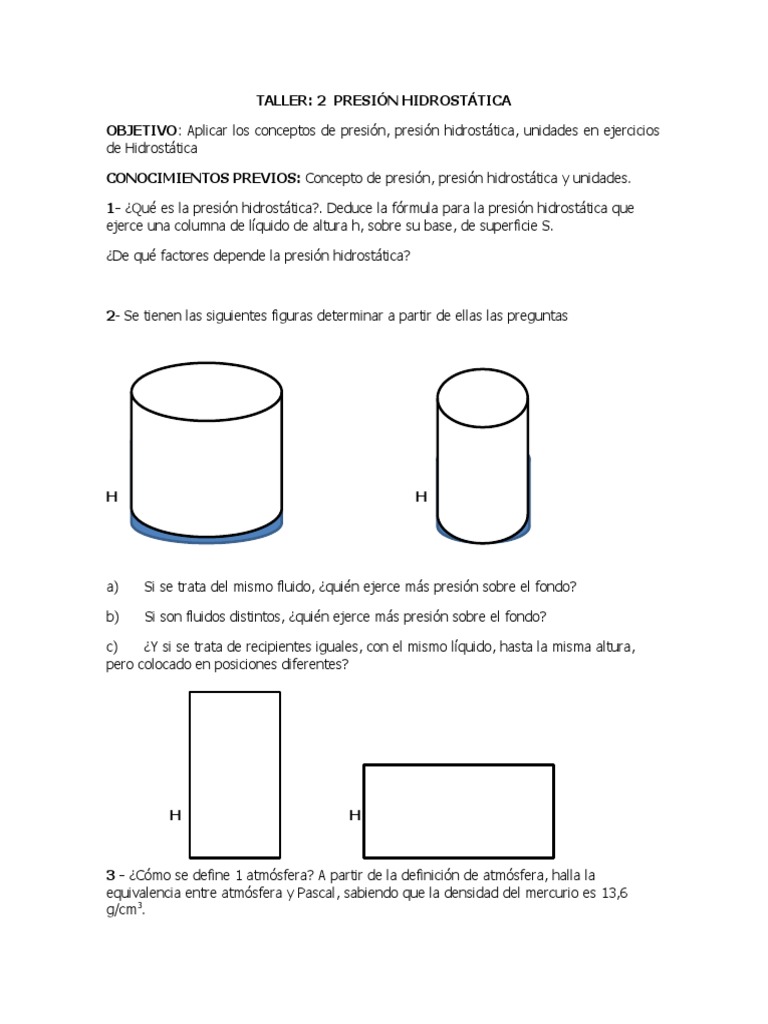 Taller Presión Hidrostática | PDF | Presión | Líquidos