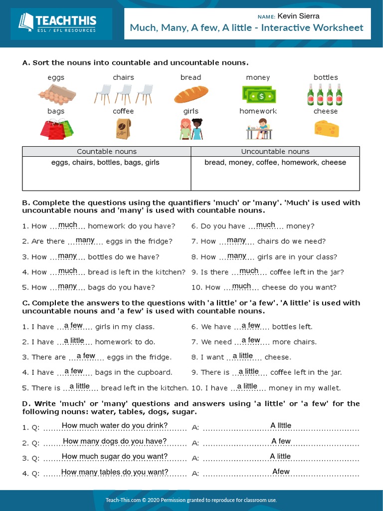 Much, Many, A Few, A Little - Interactive Worksheet | PDF | Language ...