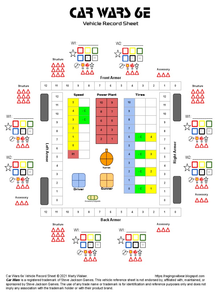 Car Wars 6e Vehicle Record Sheet | PDF | Armoured Vehicles | Land Vehicles