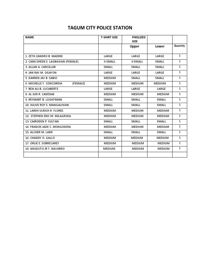 Tagum City Police Station: Name T-Shirt Size Pixelized Size | PDF