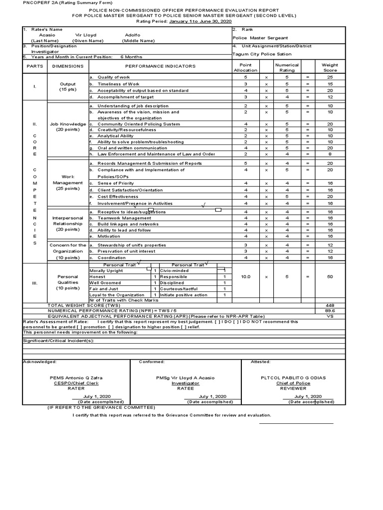 Police Performance Evaluation Summary | PDF | Sergeant | Non ...