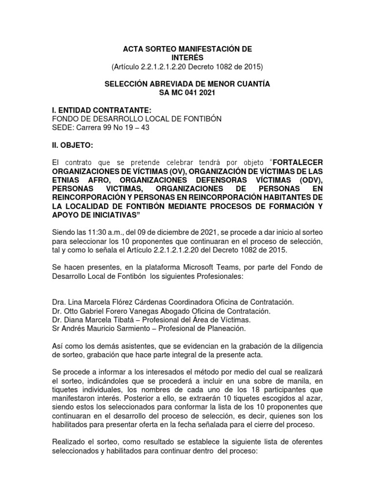 Acta Sorteo Manifestación de Interes | PDF