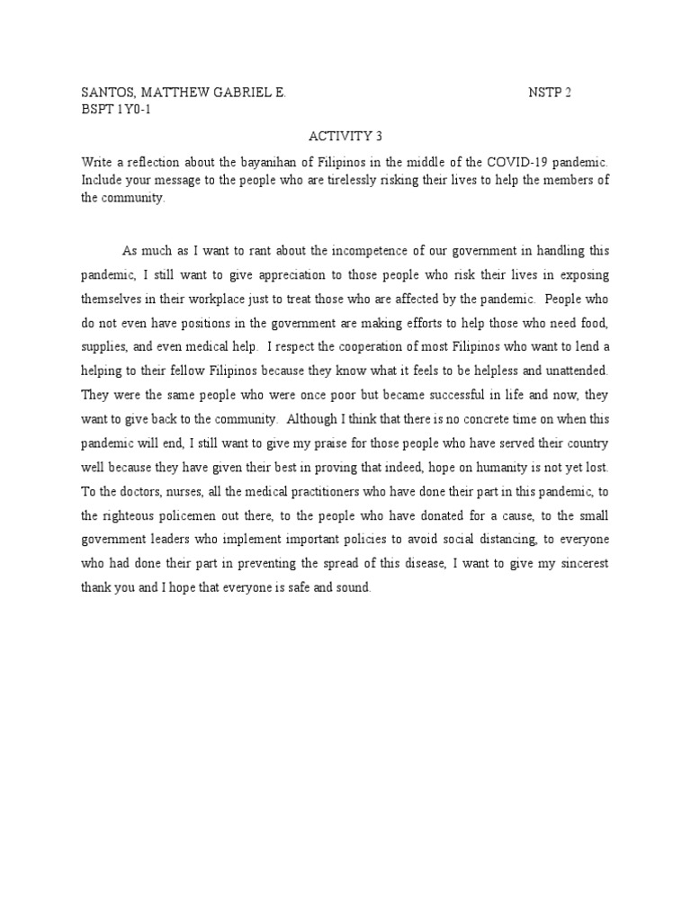 NSTP Reflection On Bayanihan | PDF