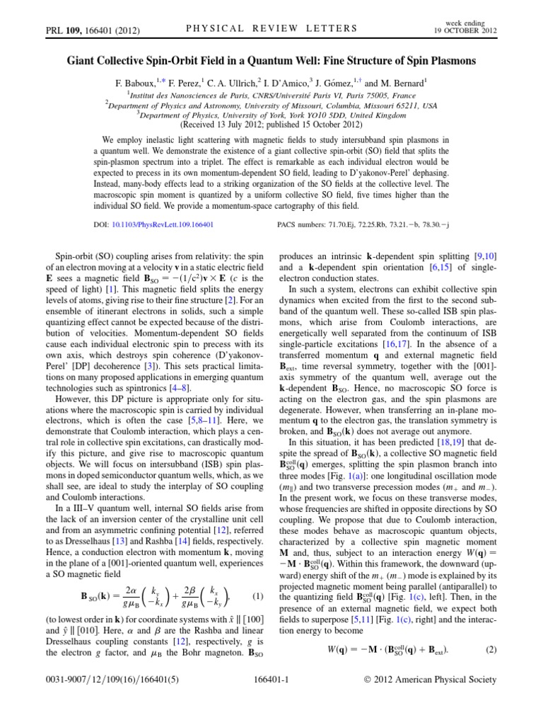 Giant Collective Spin-Orbit Field in A Quantum Well: Fine Structure of Spin Plasmons | PDF ...