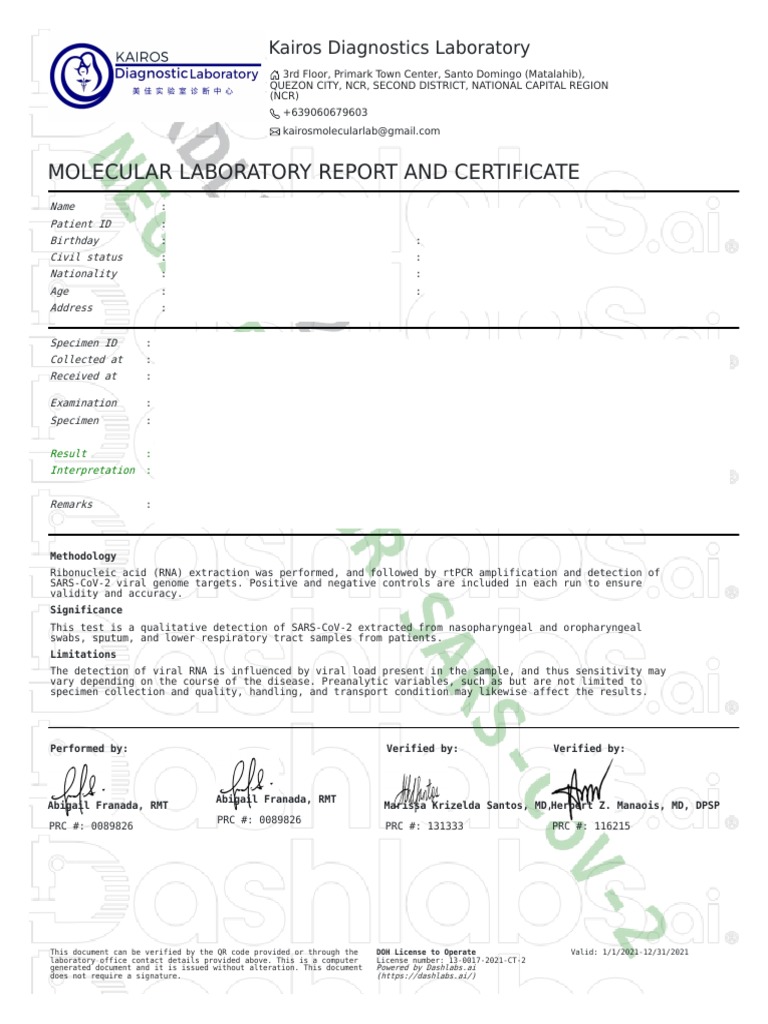 Molecular Laboratory Report and Certificate | Download Free PDF ...