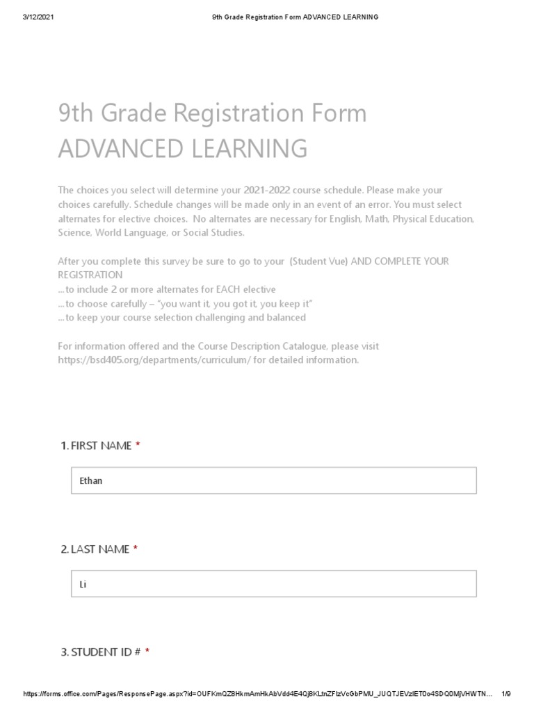 9th Grade Registration Form ADVANCED LEARNING | PDF | Multilingualism ...